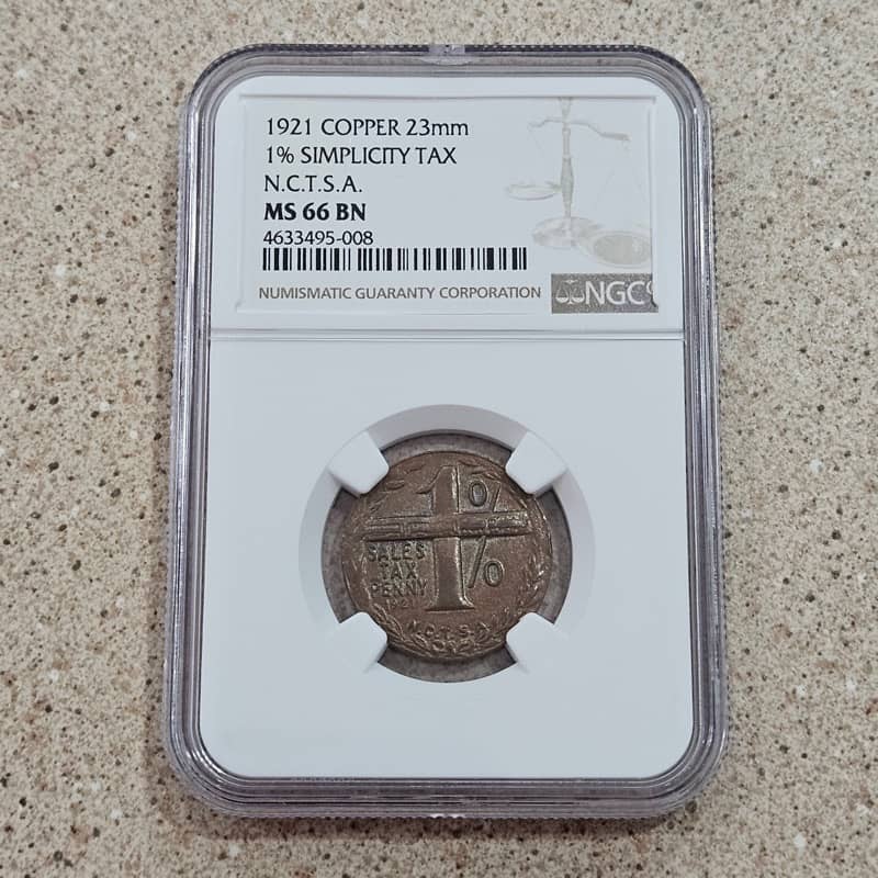 1921 1% Simplicity Tax Copper Token N.C.T.S.A NGC Slab MS66 BN ...