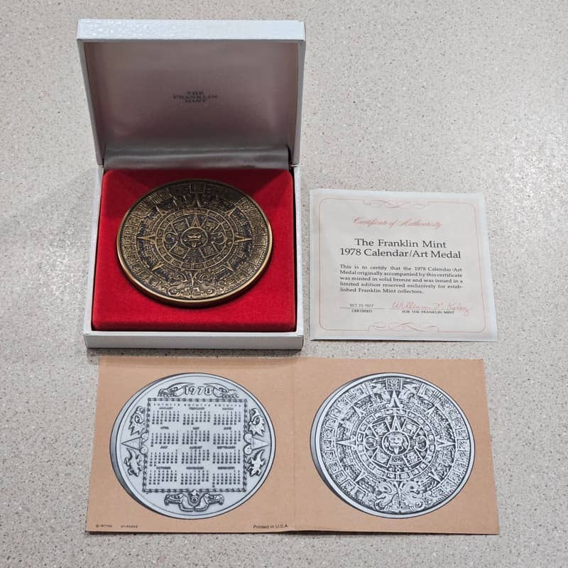 1978 Franklin Mint Aztec Calendar Art Medal Solid Bronze Medallion, COA ...